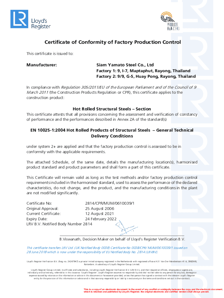 Fillable Online Certificate of Conformity of Factory Production Control ...
