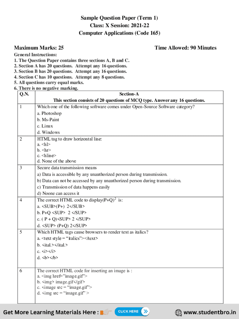 Fillable Online Sample Question Paper for Computer Applications (class ...