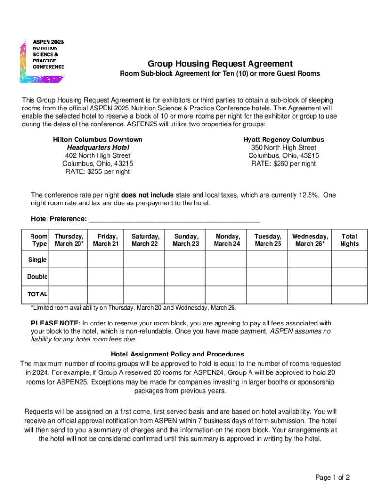 Fillable Online Room Sub-block Agreement for Ten (10) or More Guest ...