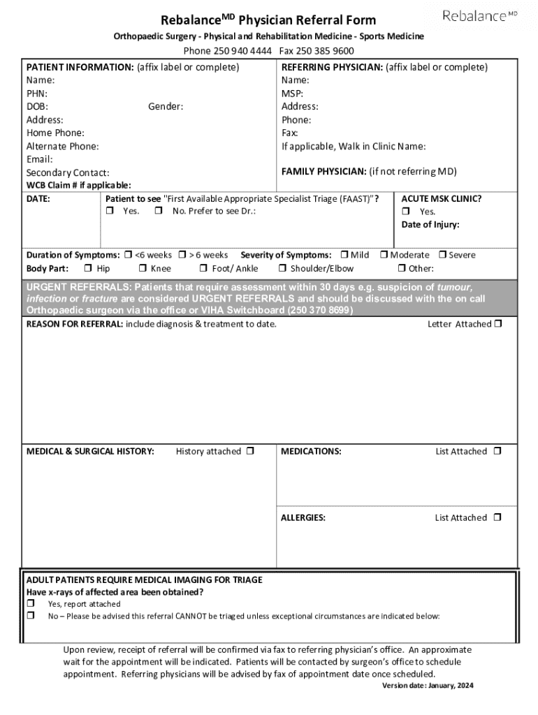 Fillable Online Physician Referral Form for Orthopaedic Surgery Fax Email Print - pdfFiller