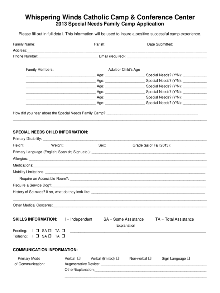Fillable Online Special Needs Family Camp Application Fax Email Print - pdfFiller