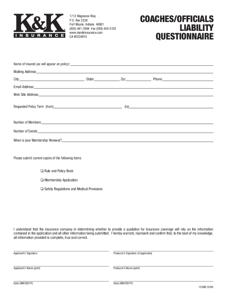Fillable Online Coaches and Officials Liability Insurance Questionnaire ...