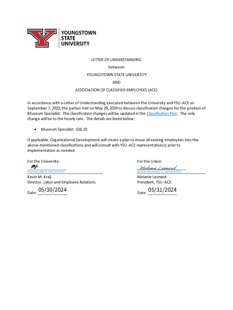 Fillable Online Letter of Understanding Between Youngstown State ...