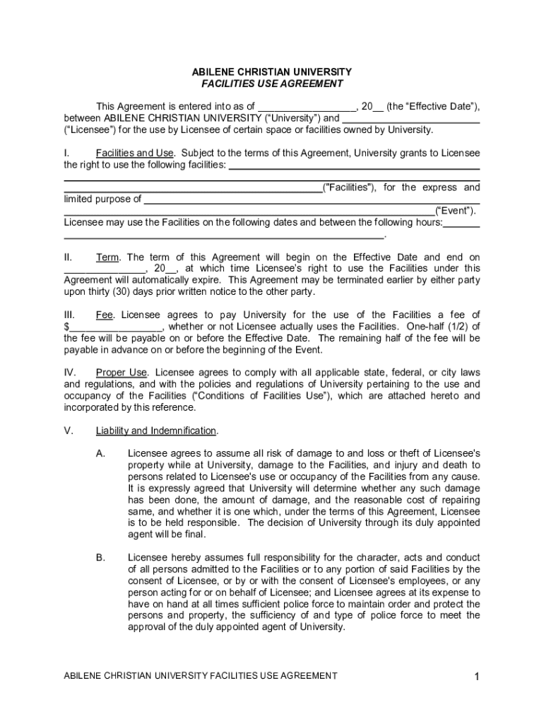 Fillable Online Facilities Use Agreement Fax Email Print - pdfFiller