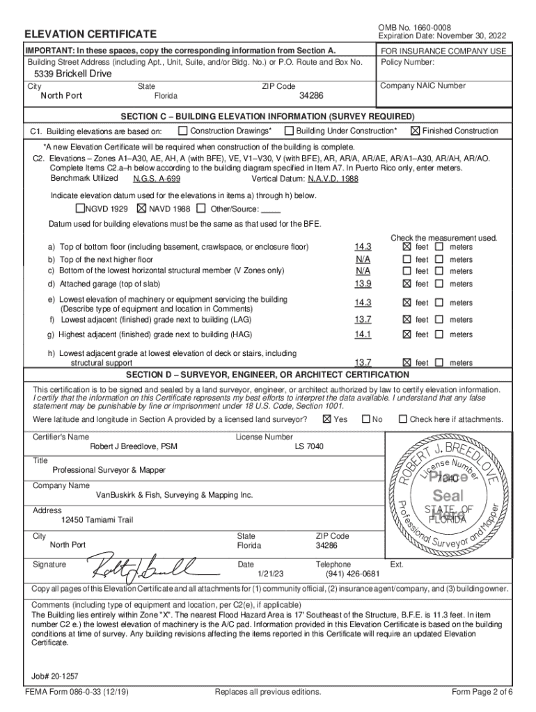 Fillable Online National Flood Insurance Program Elevation Certificate ...