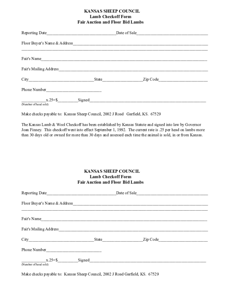 Fillable Online Kansas Lamb Checkoff Form for Fair Auction and Floor ...