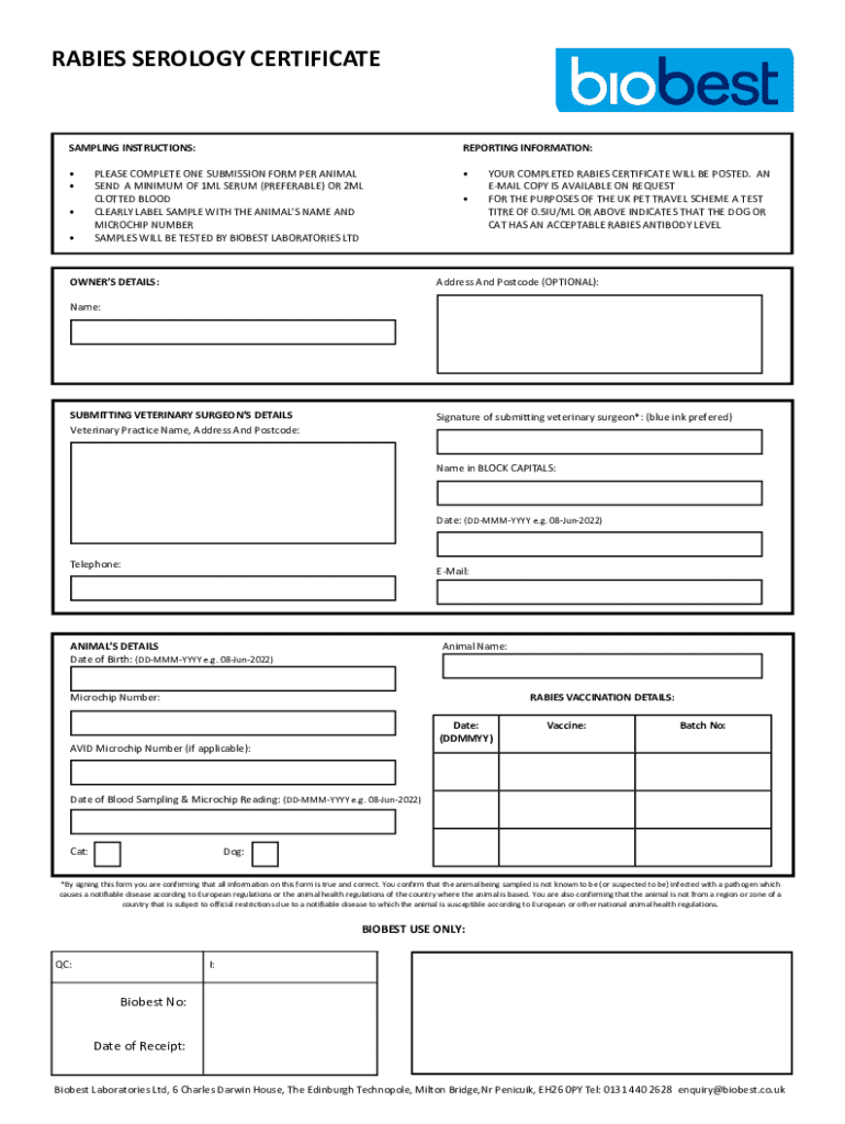 Fillable Online Rabies Serology Certificate Submission Form Fax Email ...