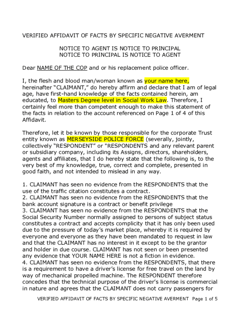 Fillable Online Verified Affidavit of Facts by Specific Negative ...