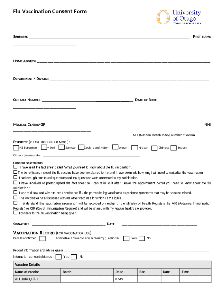 Flu Vaccination Consent Doc Template | pdfFiller