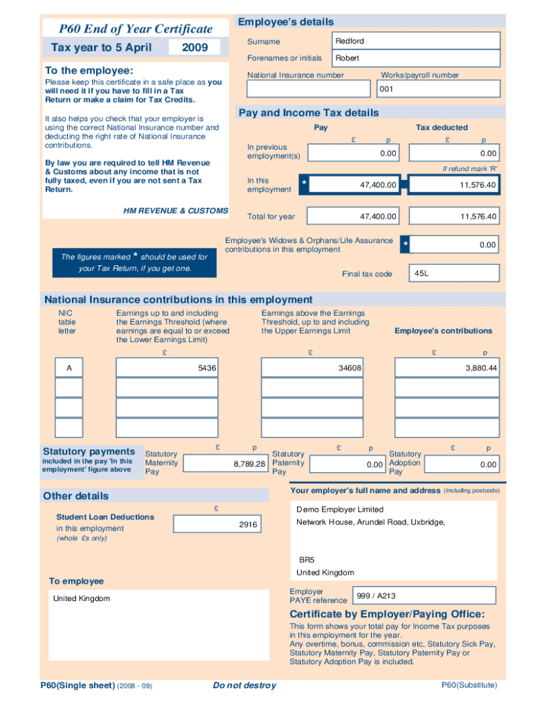 Fillable Online P60 End of Year Certificate Fax Email Print - pdfFiller