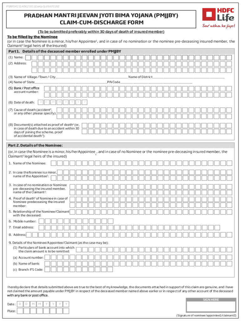 Fillable Online Claim-cum-discharge Form for Pmjjby Fax Email Print ...