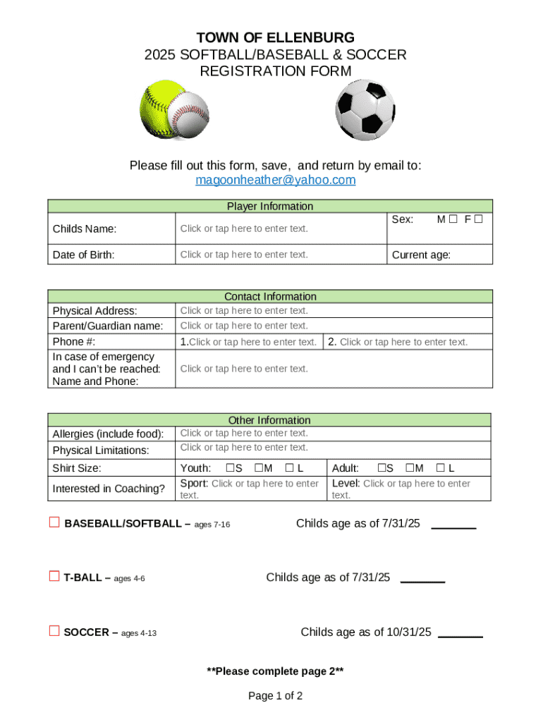 2025 Softball/baseball & Soccer Registration Doc Template | pdfFiller
