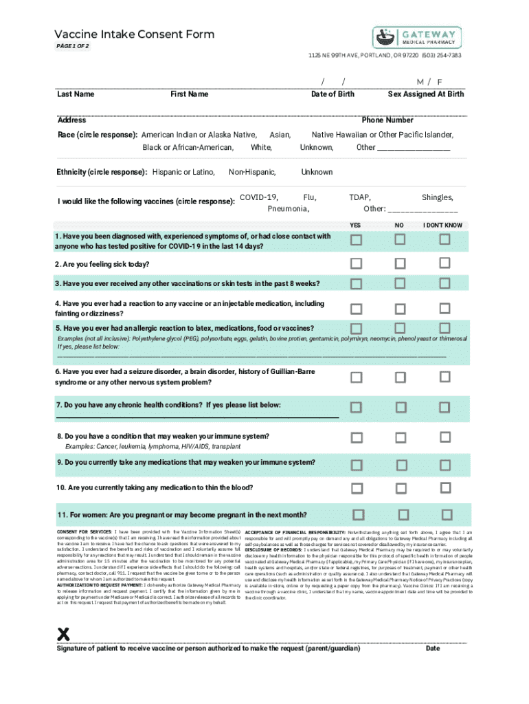 Fillable Online Vaccine Intake Consent Form Fax Email Print - pdfFiller