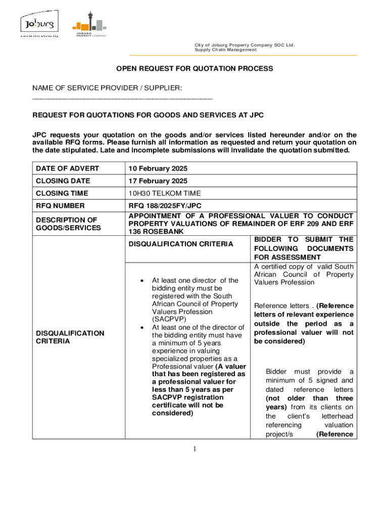 Fillable Online Request for Quotation for Property Valuations Fax Email ...