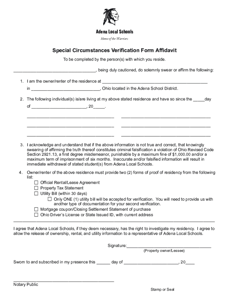 Fillable Online Special Circumstances Verification Form Affidavit Fax ...