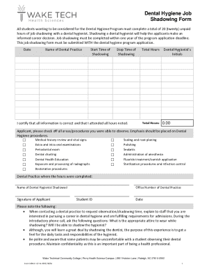 Fillable Online Dental Hygiene Job Shadowing Form Fax Email Print ...