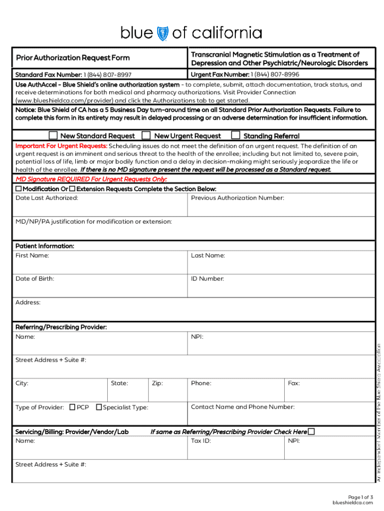 Fillable Online Prior Authorization Request for Transcranial Magnetic ...