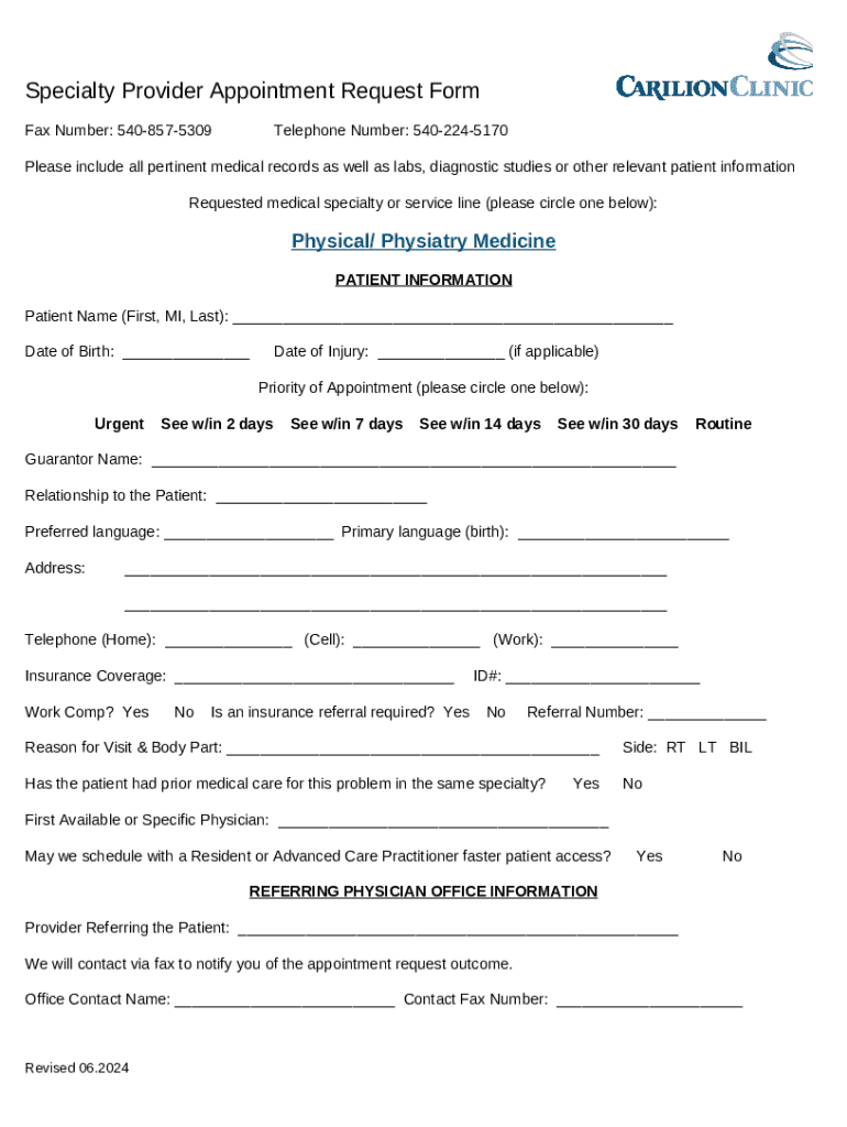 Specialty Provider Appointment Request Doc Template | pdfFiller
