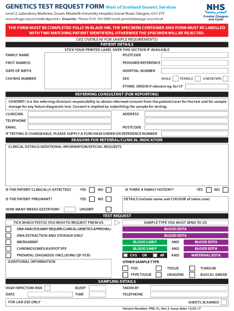Fillable Online Genetics Test Request Form Fax Email Print - pdfFiller
