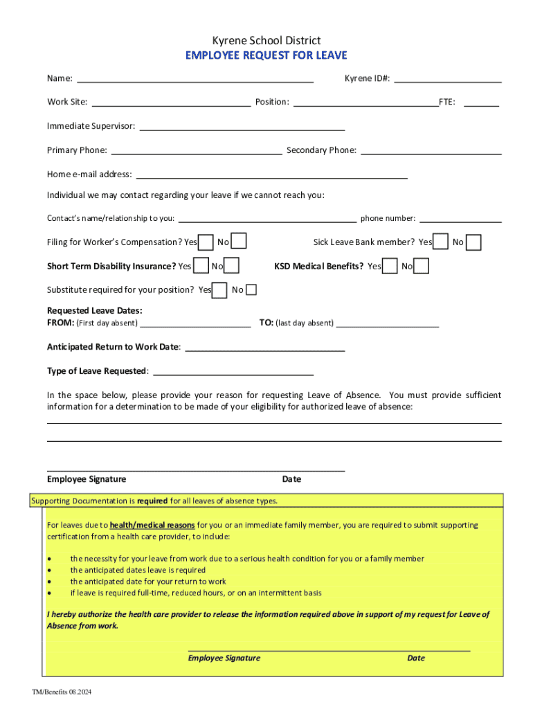 Fillable Online Kyrene School District Employee Request for Leave Fax ...
