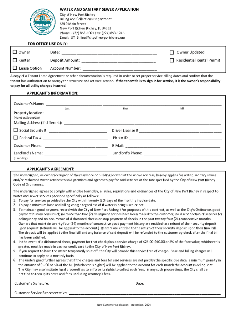 Fillable Online Water and Sanitary Sewer Application Fax Email Print ...