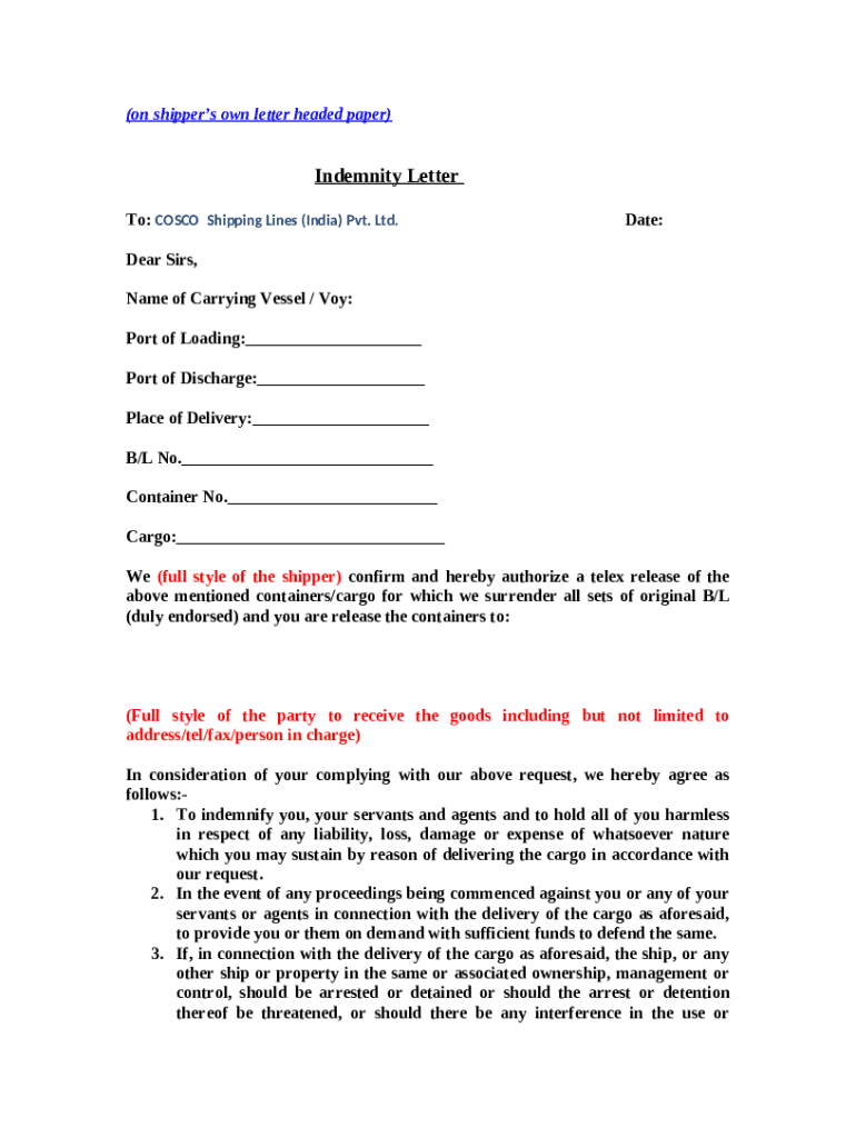 Indemnity Letter Doc Template | pdfFiller