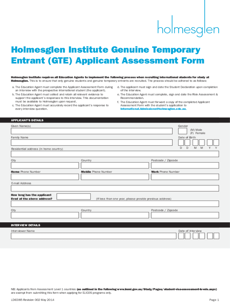 Fillable Online Genuine Temporary Entrant (gte) Applicant Assessment ...