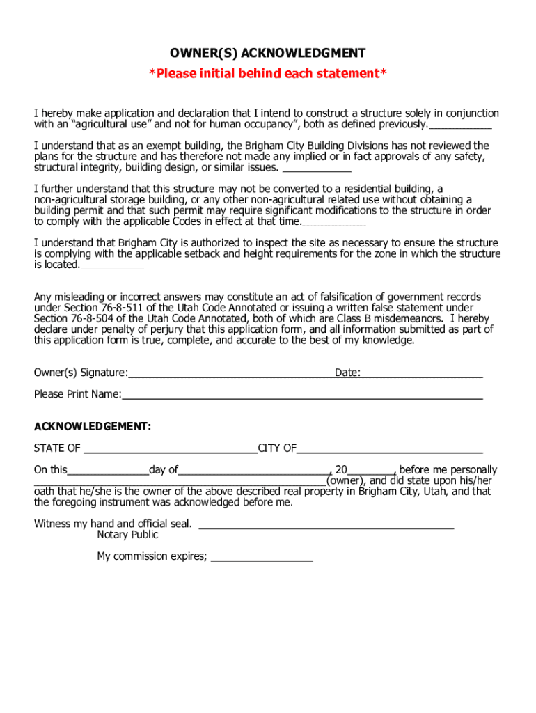 Fillable Online Owner's Acknowledgment for Agricultural Structure ...
