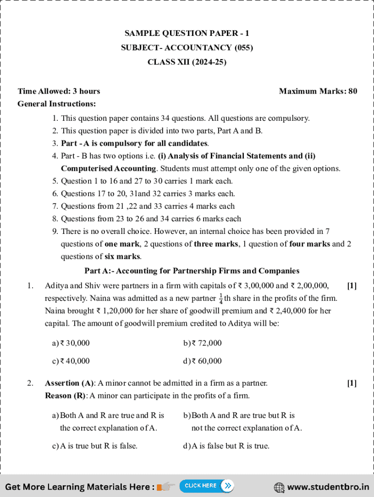 Fillable Online Accountancy Question Paper Class Xii (2024-25) Fax ...