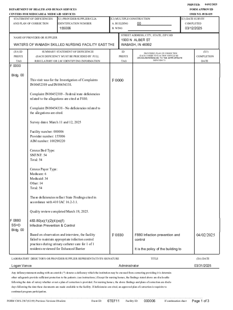 Fillable Online Statement of Deficiencies and Plan of Correction ...