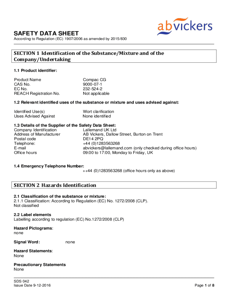 Fillable Online Safety Data Sheet - Compac Cg Fax Email Print - pdfFiller