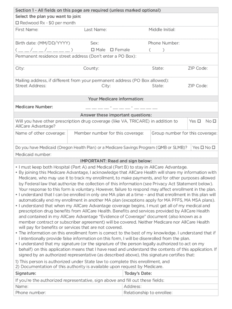 Fillable Online Allcare Advantage Enrollment Request Fax Email Print - pdfFiller