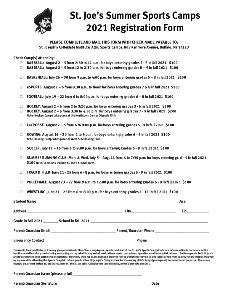 Fillable Online St. Joe’s Summer Sports Camps Registration Fax Email Print - pdfFiller