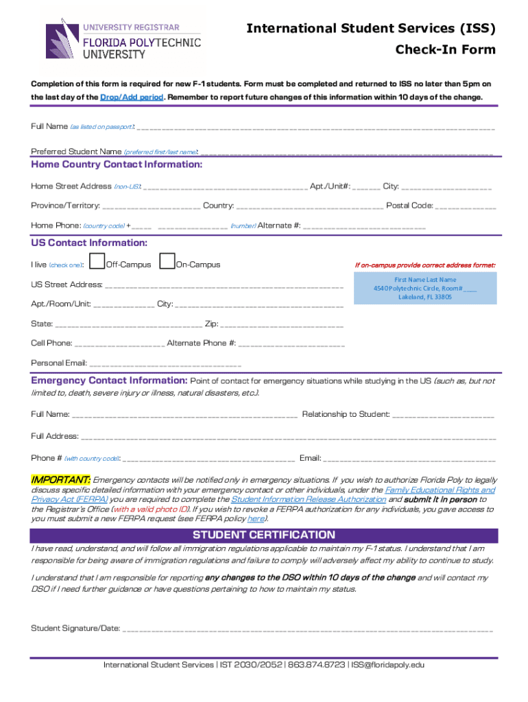 Fillable Online International Student Services (iss) Check-in Form Fax Email Print - pdfFiller