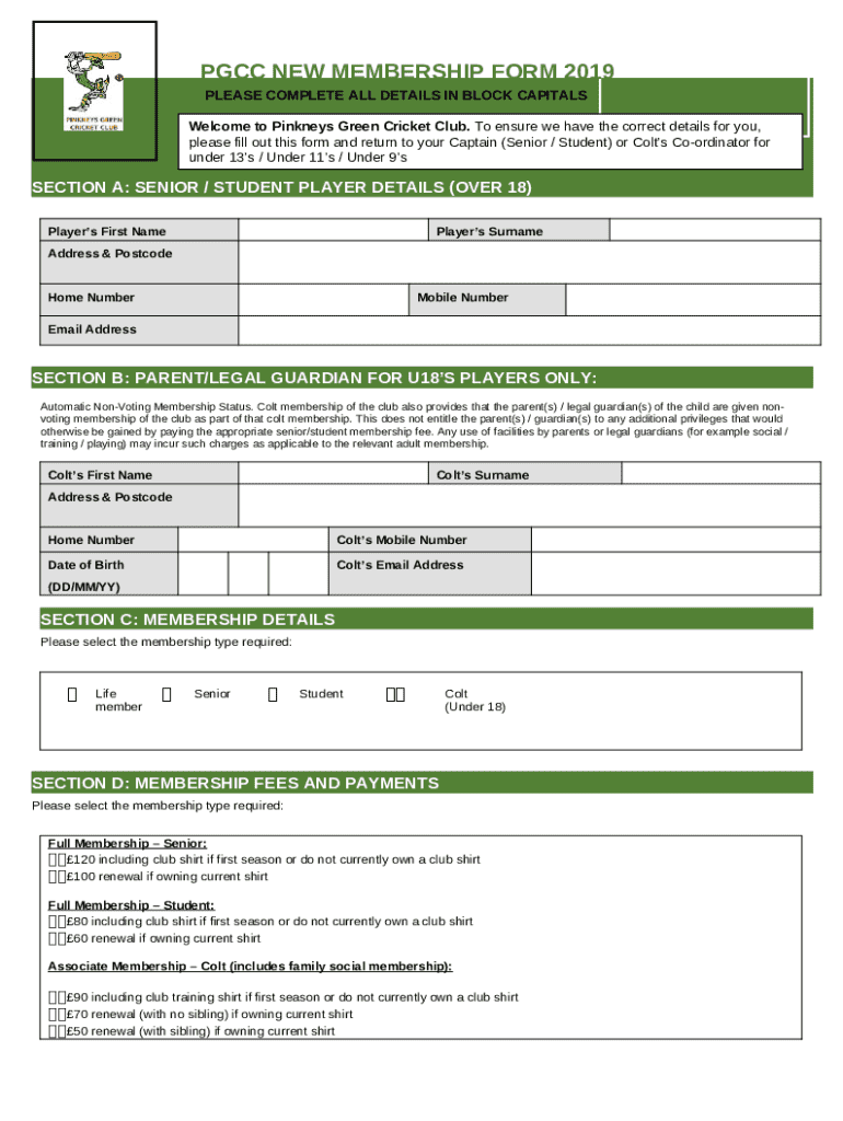 Pinkneys Green Cricket Club Membership Doc Template | pdfFiller