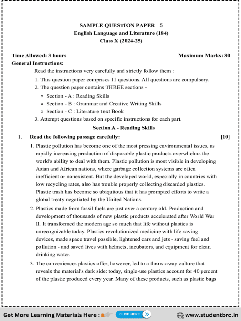 Fillable Online English Language and Literature (184) Class X (2024-25) Fax Email Print - pdfFiller
