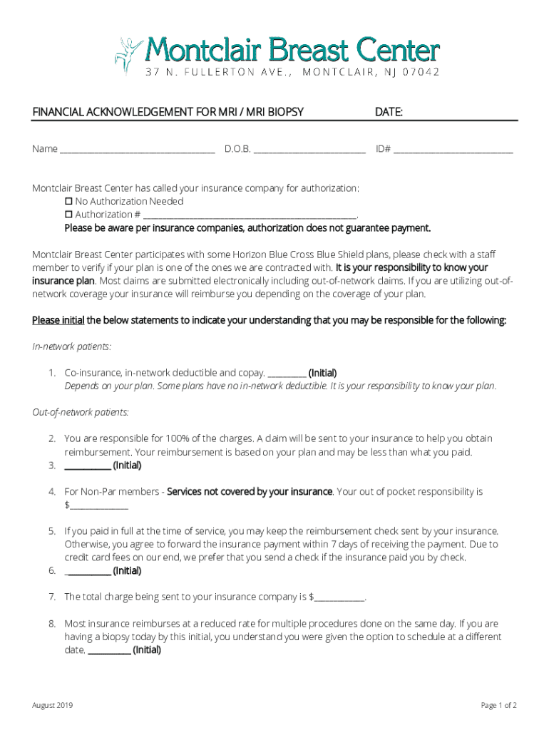 Fillable Online Financial Acknowledgement for Mri / Mri Biopsy Fax ...
