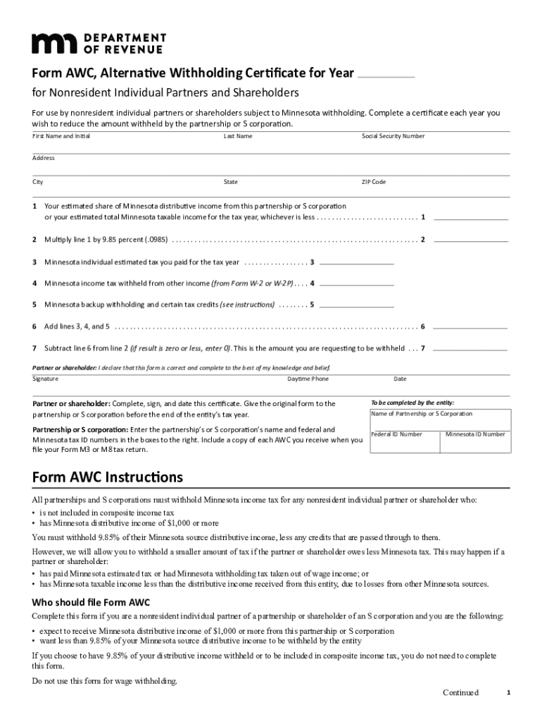 Fillable Online Alternative Withholding Certificate for Nonresident Individual Partners and ...