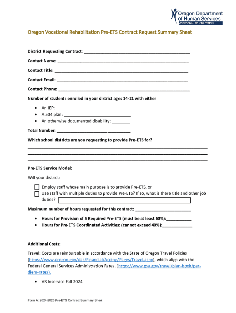 Fillable Online Pre-ets Contract Request Summary Sheet Fax Email Print ...