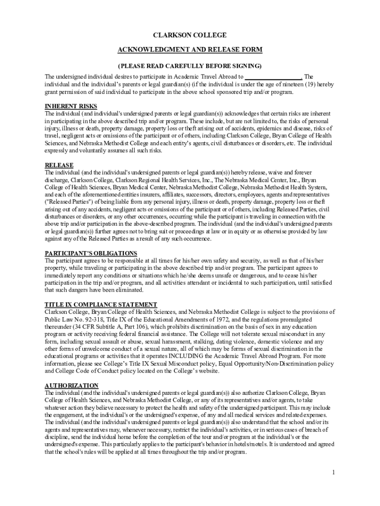 Fillable Online Clarkson College Acknowledgment and Release Form Fax Email Print - pdfFiller