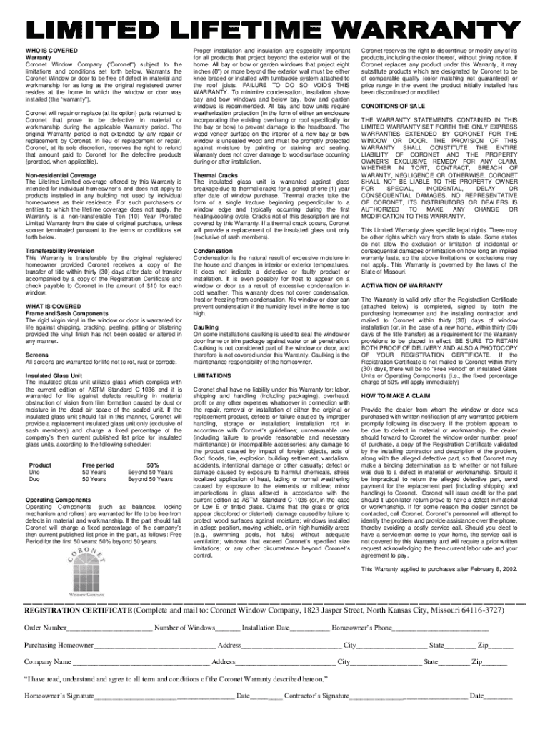 Fillable Online Limited Warranty for Coronet Windows and Doors Fax ...