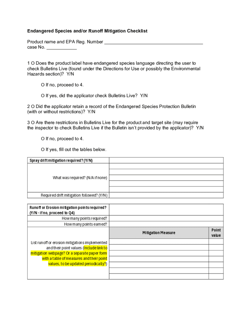 Fillable Online Endangered Species and Runoff Mitigation Checklist Fax Email Print - pdfFiller