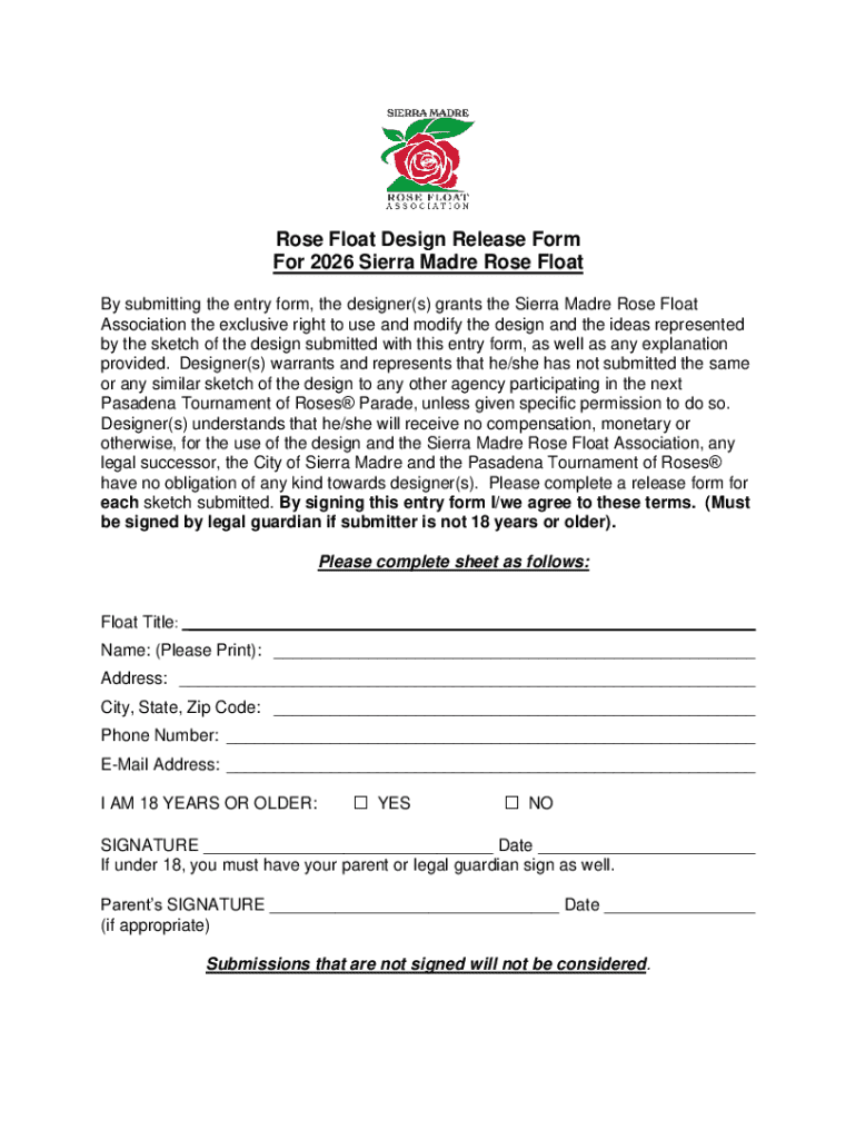 Fillable Online Sierra Madre Rose Float Association 2026 Float Design ...