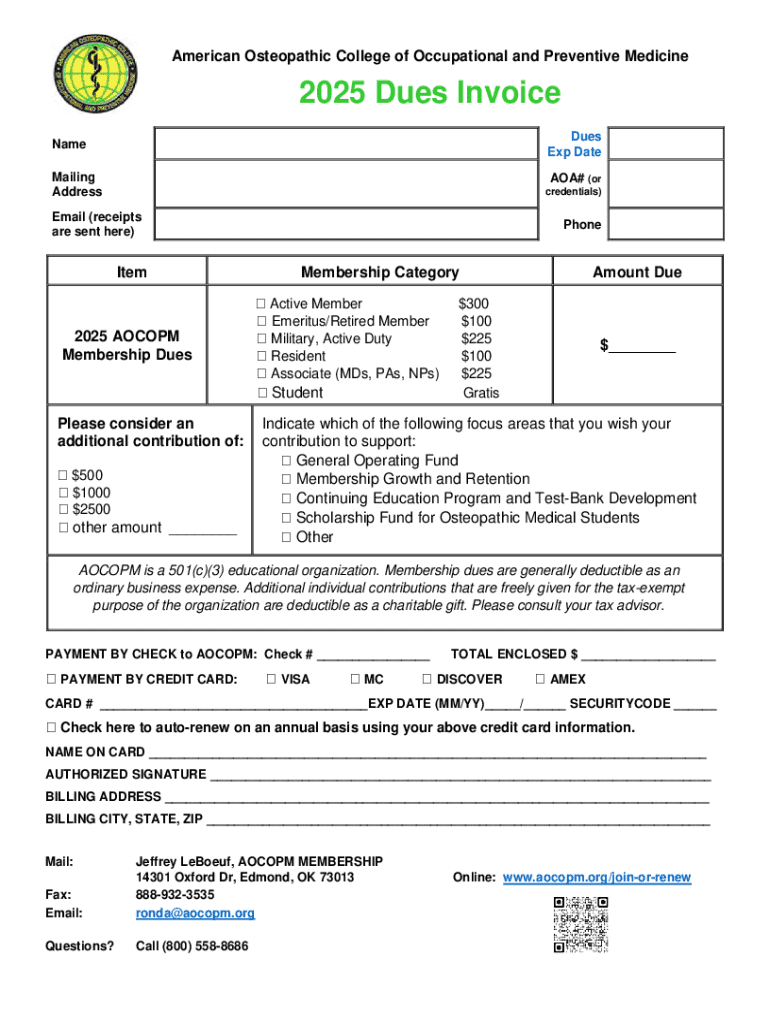 Fillable Online 2025 Aocopm Membership Dues Invoice Fax Email Print ...