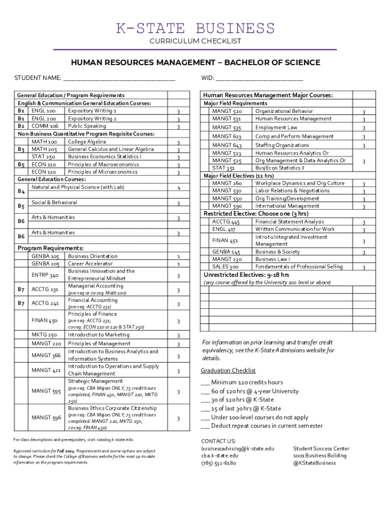 Fillable Online Human Resources Management – Bachelor of Science Curriculum Checklist Fax Email ...