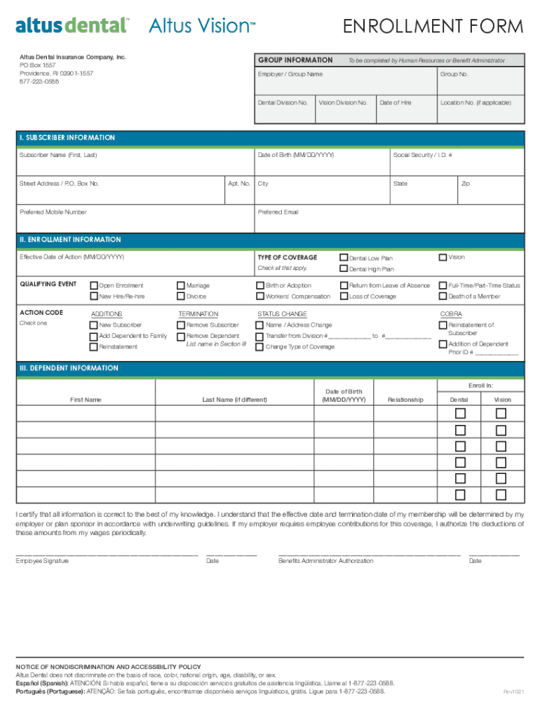 Fillable Online Altus Dental Insurance Enrollment Form Fax Email Print - pdfFiller