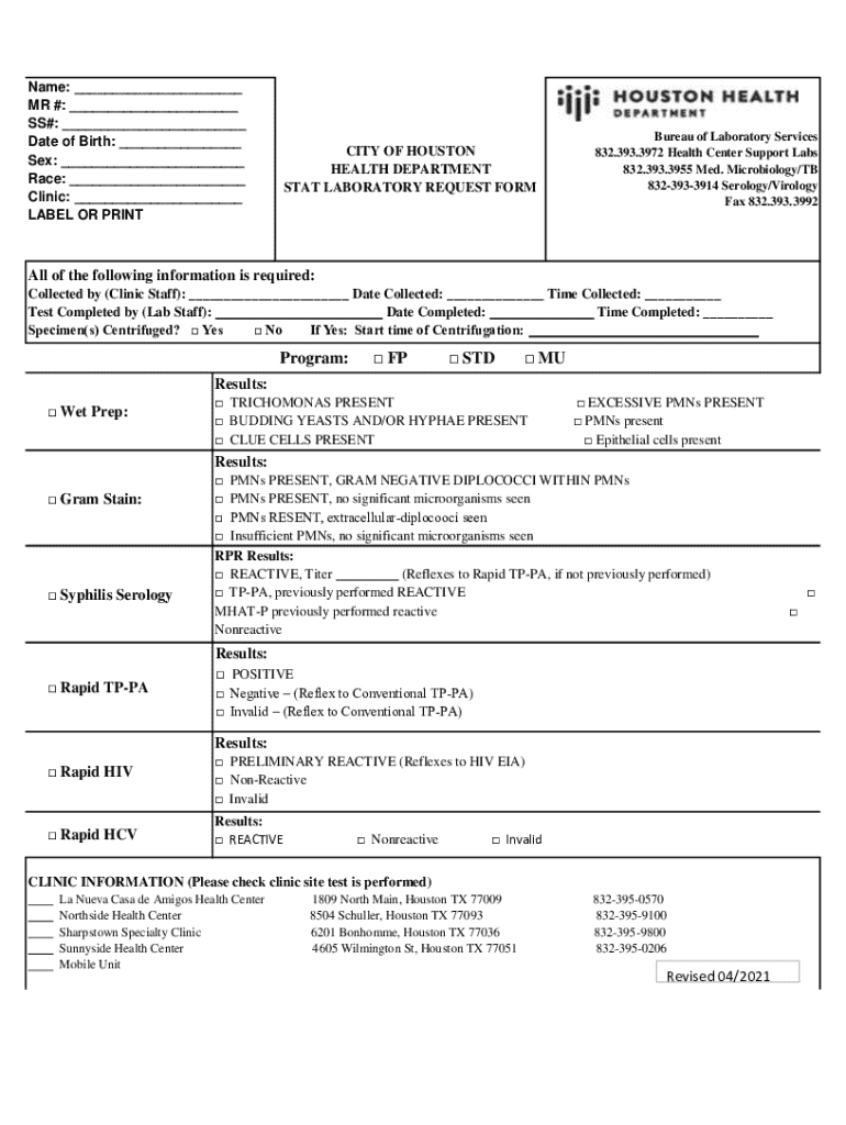 Fillable Online Health Department Laboratory Request Form Fax Email ...