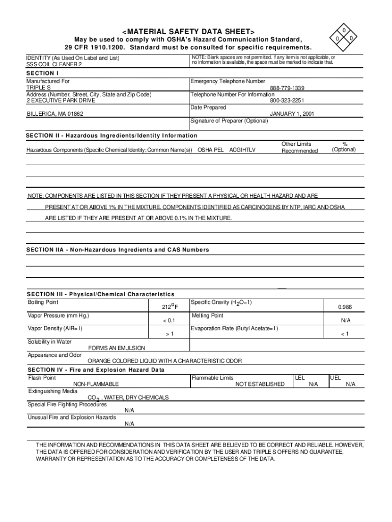 Fillable Online Material Safety Data Sheet for Sss Coil Cleaner 2 Fax Email Print - pdfFiller