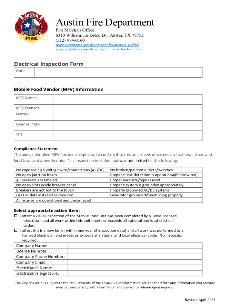 Fillable Online Electrical Inspection Form for Mobile Food Vendors Fax ...