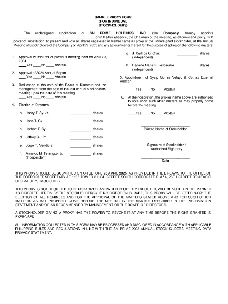 Fillable Online Sample Proxy Form for Individual Stockholders Fax Email ...